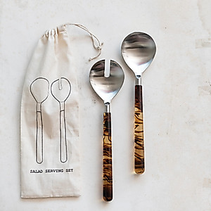 Creative Co-Op Stainless Steel Marbled Resin Handles, Set of 2 Styles Salad Servers, Brown