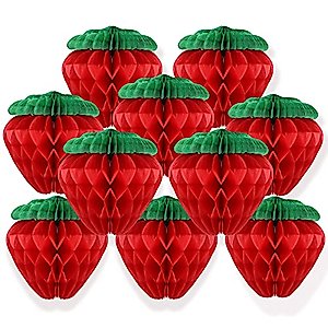 Skylety 10 Pieces 6 Inch Paper Strawberry Honeycomb Ball Tissue Paper Strawberry Ball for Strawberry Birthday Party Decoration (Red)