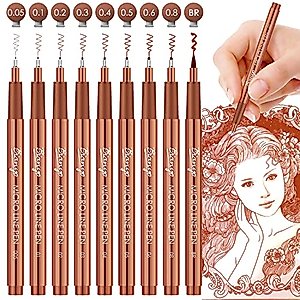 Bianyo Sepia Pigment Ink Micro-Pen Fineliners, 9 Assorted Sizes with a Zipper Pouch, Water-Resistant Archival Ink Pens for Drawing, Sketching, Bullet journaling, Note-taking, Accounting, Handwriting