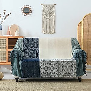 PANGUSHAN Boho Couch Cover Blanket - Boho Tribal Woven Chenille Throw Blanket wiz Tassel, Bohemian Hippie Decor for Bed Sofa Loveseat Recliner(Beige Blue, 60x75)