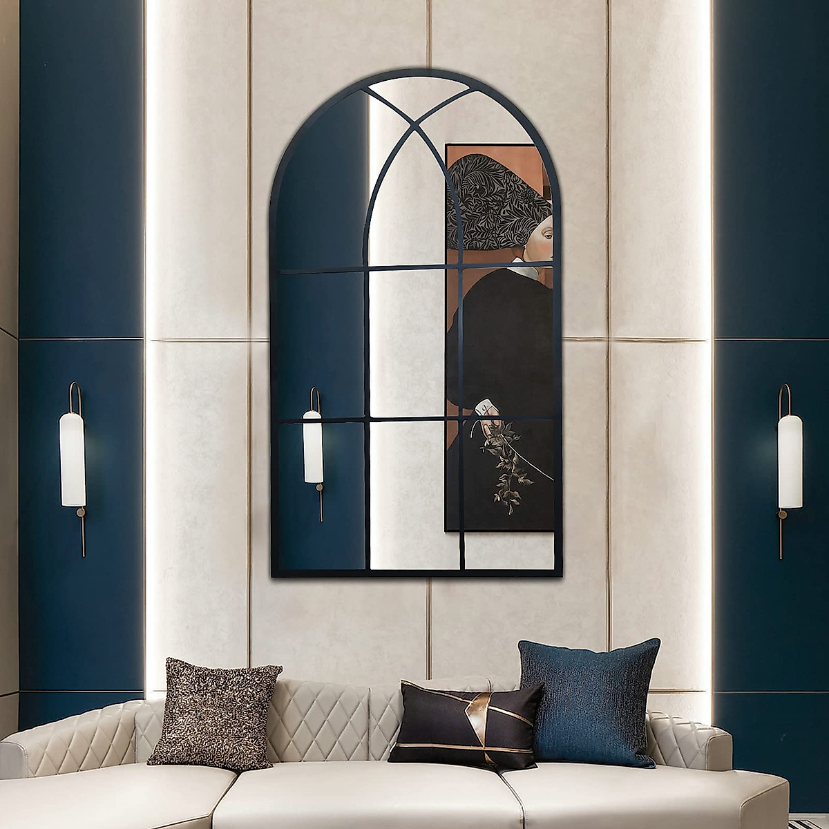 ironsmithn Arched Mirror, 41.3"x24" Windowpane Mirror, Window Finished Metal Mirror, Black Grid Mirror for Decor Living Room Fireplace Entryway Bedroom Hallway