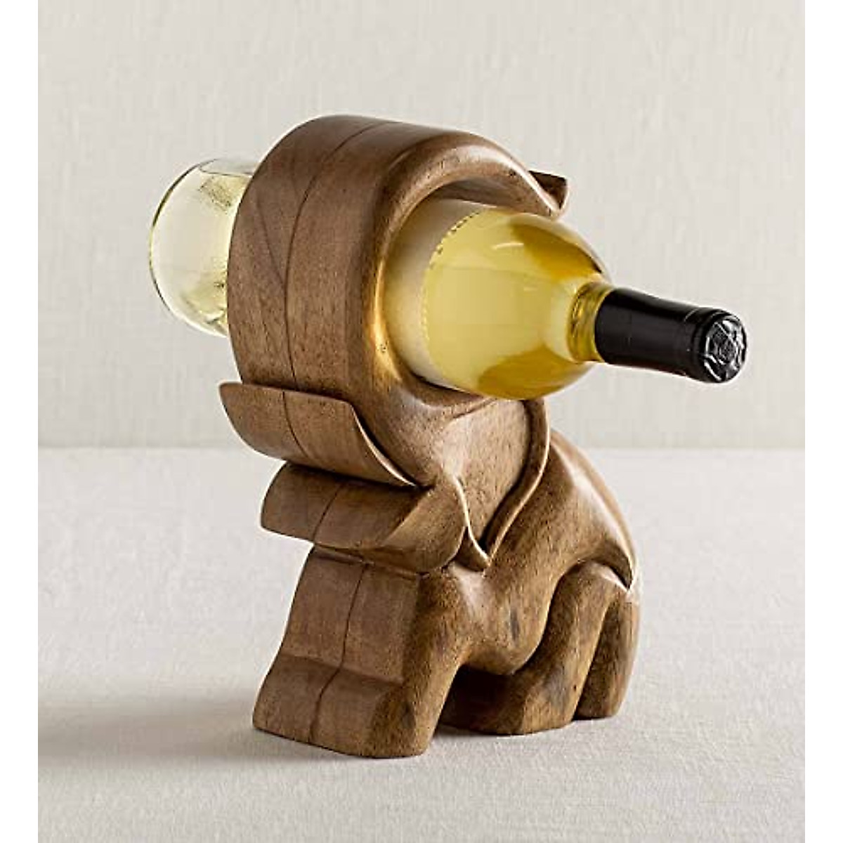 VivaTerra Hand-Carved Wooden Elephant Wine Bottle Display, 5"L x 4"W x 9"H, Elephant Wine Rack Carved in India from Mango Wood, Saluting Elephant Wine Holder