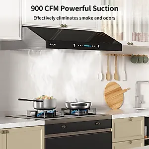 IKTCH 30 Inch Range Hood Under Cabinet, 900 CFM Range Hood with Gesture Sensing, Touch Panel, 4 Fan Speed, Stainless Steel Range Hood with 2 Pcs Baffle Filters, Black-N