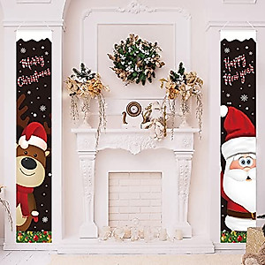 Christmas Front Porch Banner Merry Christmas Door Banner Outdoor Santa Clause Reindeer Xmas Hanging Sign for Outside Porch Wall Christmas Wall Decoration (Black)