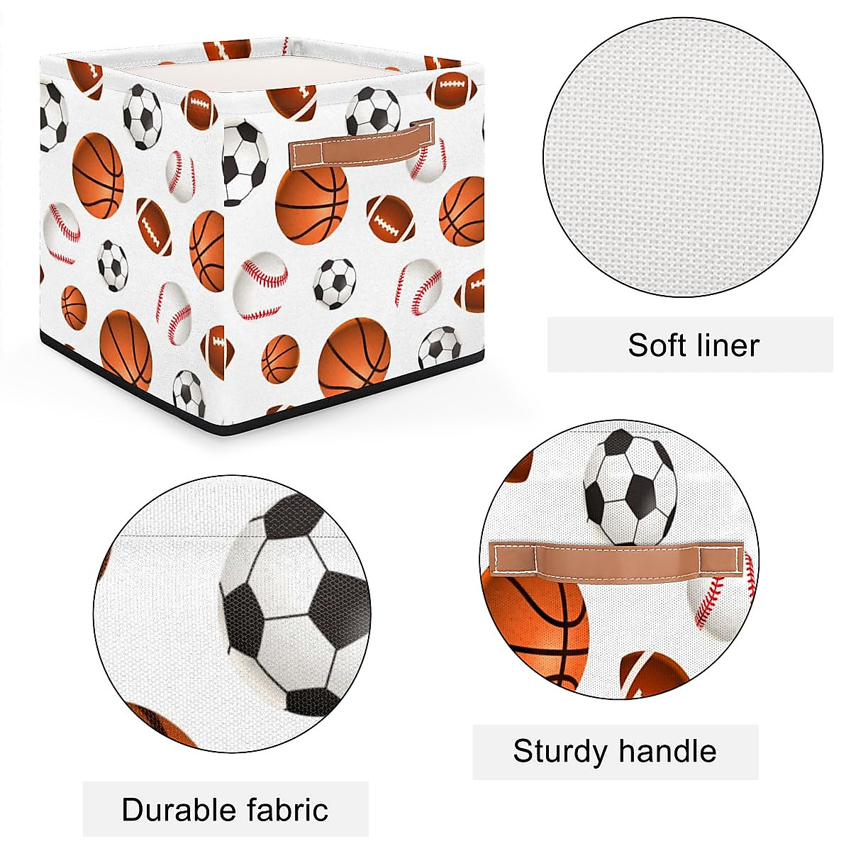KOBLEN Sports Ball Print Square Storage Basket Collapsible Storage Box Clothes Basket 13x13 Inch Large Cube Storage Bin With PU Leather Handle for Home Office Closet Shelves