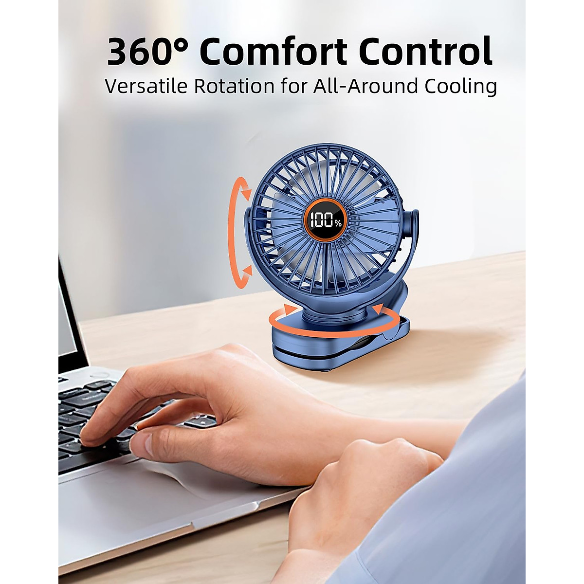 buywoo Portable Desk Fan, Battery Powered Stroller Fan With Strong Clamp Grip, 360° Rotation, 3-Speed & LED Display, Small Rechargeable Personal Clip On Fan For Bedroom, Office, Gyms, Blue
