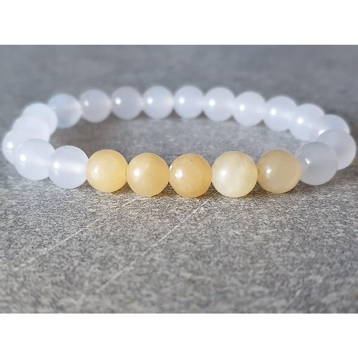 LKBEADS Natural White Agate & Yellow Jade 8mm rondelle smooth 7inch Semi-Precious Gemstones Beaded Bracelets for Men Women Healing Crystal Stretch Beaded Bracelet Unisex