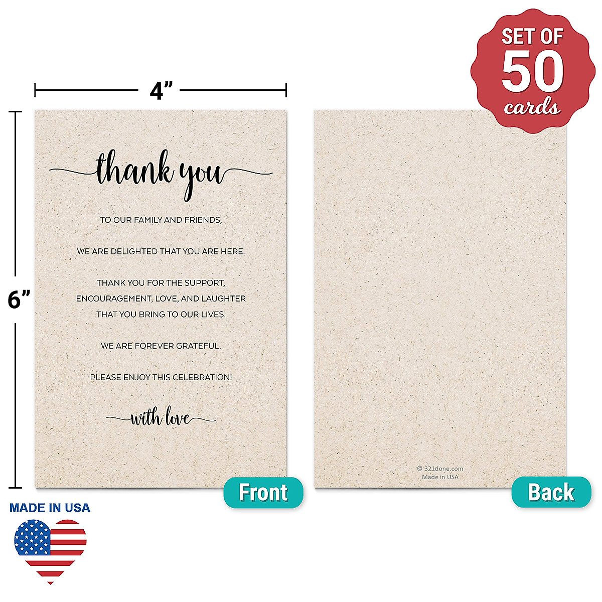 321Done Thank You Table Place Setting Cards (Set of 50) Made in USA - 4x6 Large, Rustic Kraft Tan, Wedding, Party, Retirement, Graduation, Birthday, Baby Shower, Bridal, Engagement, Anniversary