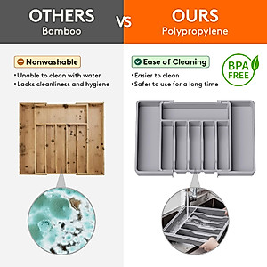 Lifewit Silverware Drawer Organizer, Expandable Utensil Tray for Kitchen, BPA Free Flatware and Cutlery Holder, Adjustable Plastic Storage for Spoons Forks Knives, Large, Grey