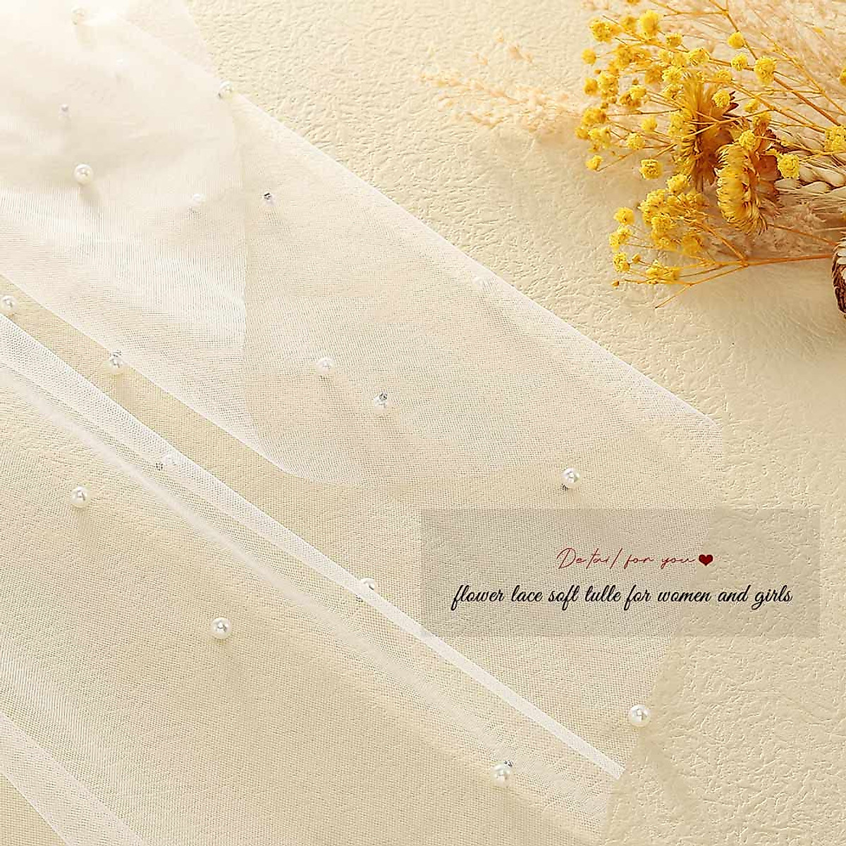 HEREAD Pearl Bride Wedding Veil White Fingertip Cathedral Bridal Tulle Veils Hair Accessories with Comb and Cut Edge (35.4“ Length)