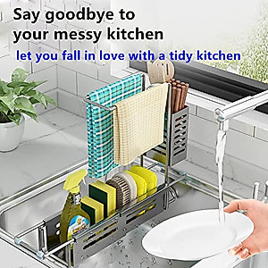 BEENLE 304 Stainless Steel Telescopic Sink Caddy Sponge Holder,Expandable Kitchen Sink Organizer Dish Drainer Rack Sink Tray Brush Soap Holder(14.6''-18.5''), Without Chopstick Holder