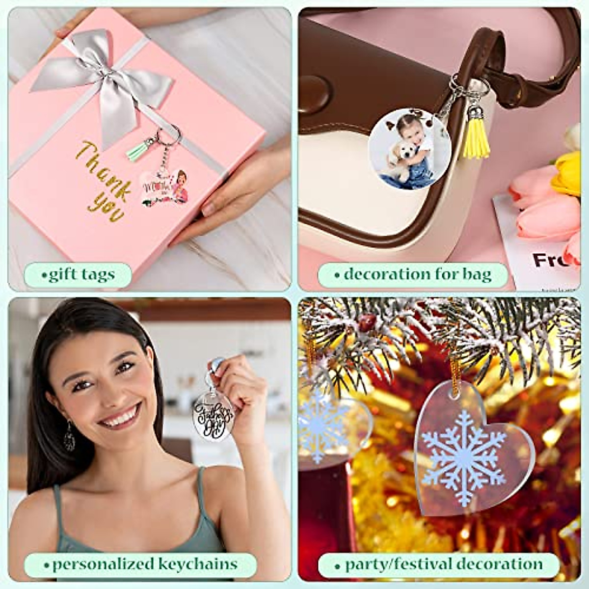 300 PCS Clear Acrylic Keychain Blanks, 6 Shapes Wholesale Acrylic Blanks Leather Tassel Charms Key Chains Jump Rings for Vinyl Resin DIY Crafts Ornament Engrave (Round Heart Square Rectangle Bone)