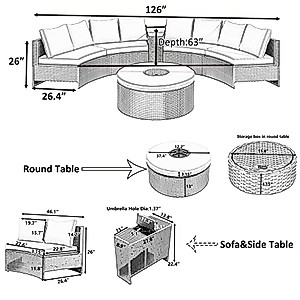 DHPM Patio Sectional 6-Piece Half-Moon Curved Outdoor Sofa, PE Wicker Conversation Furniture Set w Storage Side Umbrella and One Round Table, Brown+Gray