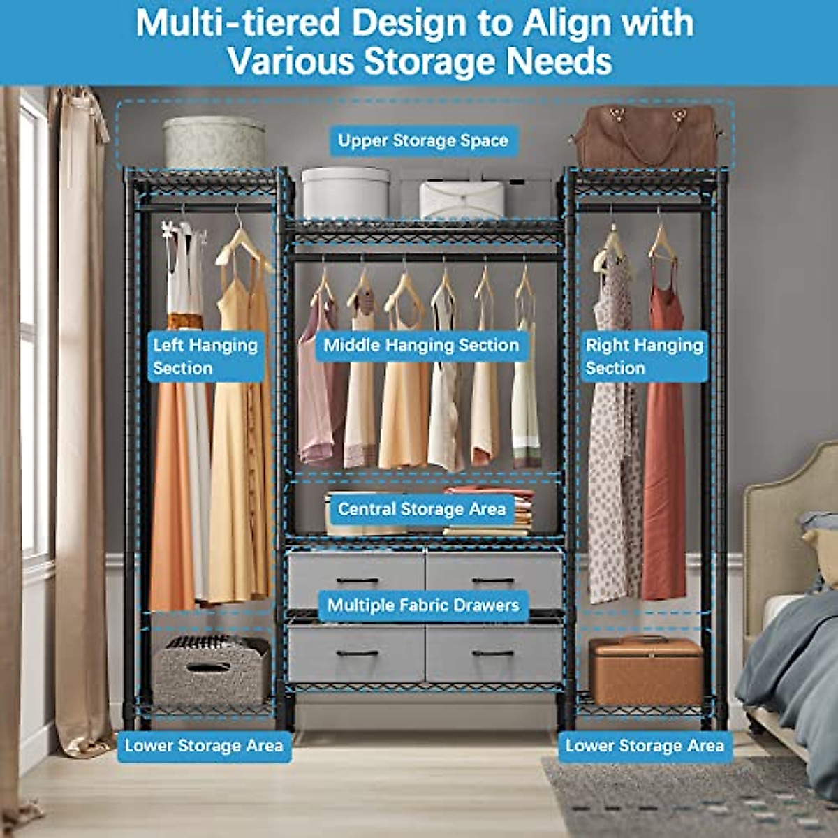 VIPEK V20 Wire Garment Rack Heavy Duty Clothes Rack, Metal Clothing Rack with 6 Shelves, 3 Hang Rods & 4 Fabric Drawers, Compact Freestanding Closet Wardrobe, 56.7" L x 14.6" W x 70.9" H, Black