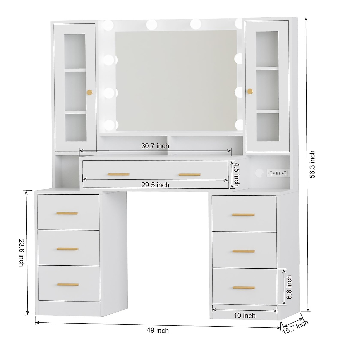 Likein Vanity Desk with Mirror and Lights - 7 Drawers Makeup Vanity with Charging Station, Vanity Table with Shelf, 2 Cabinets & Nightstand, 3 Lighting Modes Brightness Adjustable, Bedroom, White