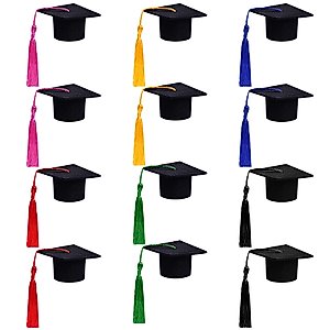 12 Mini Graduation Cap Bottle Toppers with Tassels - Black Felt Crafts for Party Table Decorations (Mixed)