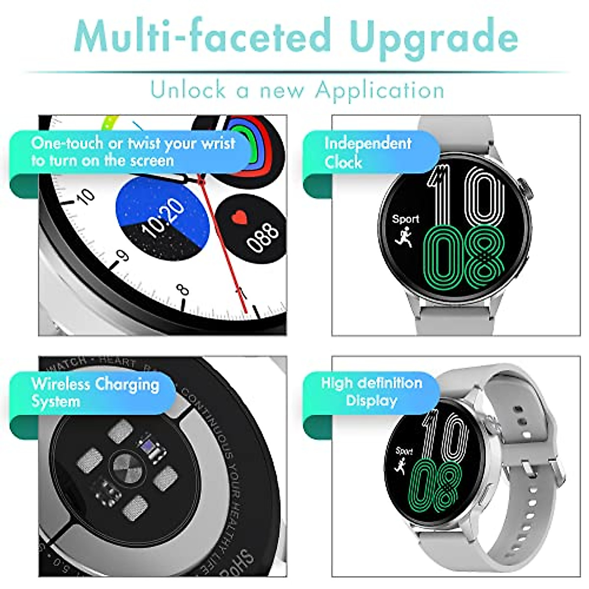 EKTON Smart Watches for Men & Women - Smart Watch for Android Phones, Make/Answer Calls, Messaging, Voice Assistant, NFC Functions, Wireless Charging, Long Battery Life, Silver