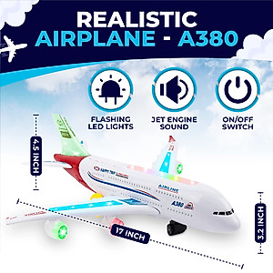 Toysery Airplane Toys for Kids, Bump and Go Action, Toddler Toy Plane with LED Flashing Lights and Sounds. Ideal for Boys & Girls 3-12 Years Old (Airbus A380)