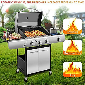 Antarctic Star Propane Gas Grill,3 Burner Cart Style Liquid BBQ Grill with Side Burner & 4 Wheels,42000 BTU Stainless Steel Enamelled Cooking Grills,For outdoor,Patio,Garden White (3 Burner)