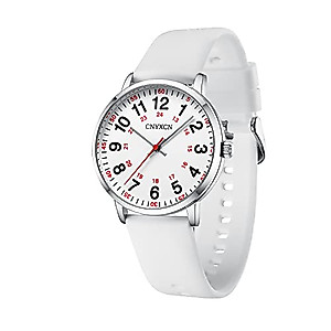 CNYXCN Nurse Watch for Medical Students,Doctors,Women Men with Second Hand and 24 Hour,Easy to Read Dial,Silicone Band,Water Resistant (White+White)