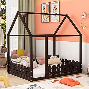 BIADNBZ Full Size House Floor Bed with Roof, Wooden Montessori Bedframe with Fence, for Kids Teens Bedroom, Slats are not Included, Espresso