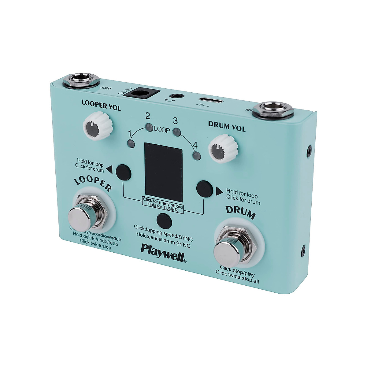 Playwell Drum Machine Looper with Tuner - 11 Minutes Looper 30 Drums - Link app to customize, edit and share drum codes - two kinds of power supply - Headphone Jack，digital display，LED indicator