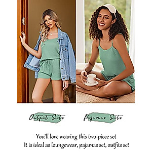 Ekouaer Pajamas for Women Waffle Knit Lounge Sets Cami Tops Shorts Loungewear S-XXL Green