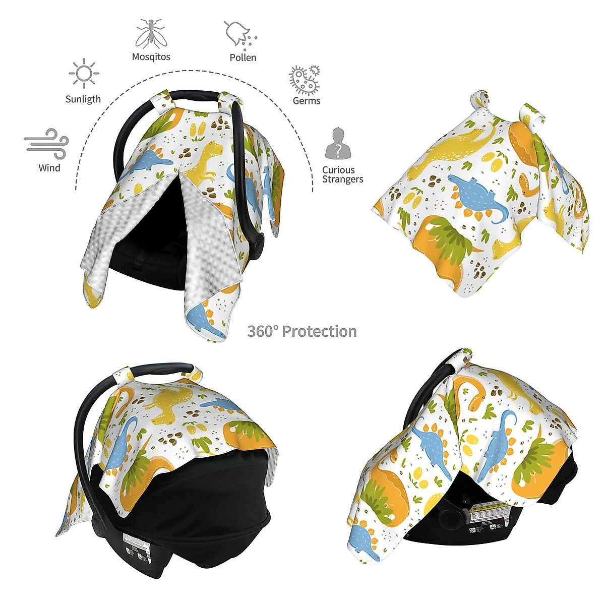 Rutiea Funny Dinosaurs in Cartoon Style Car Seat Cover for Babies, Peekaboo Opening Minky Carseat Canopy Stroller Cover for Newborn, Mom Nursing Breastfeeding Covers, Blanket for Infant Toddler