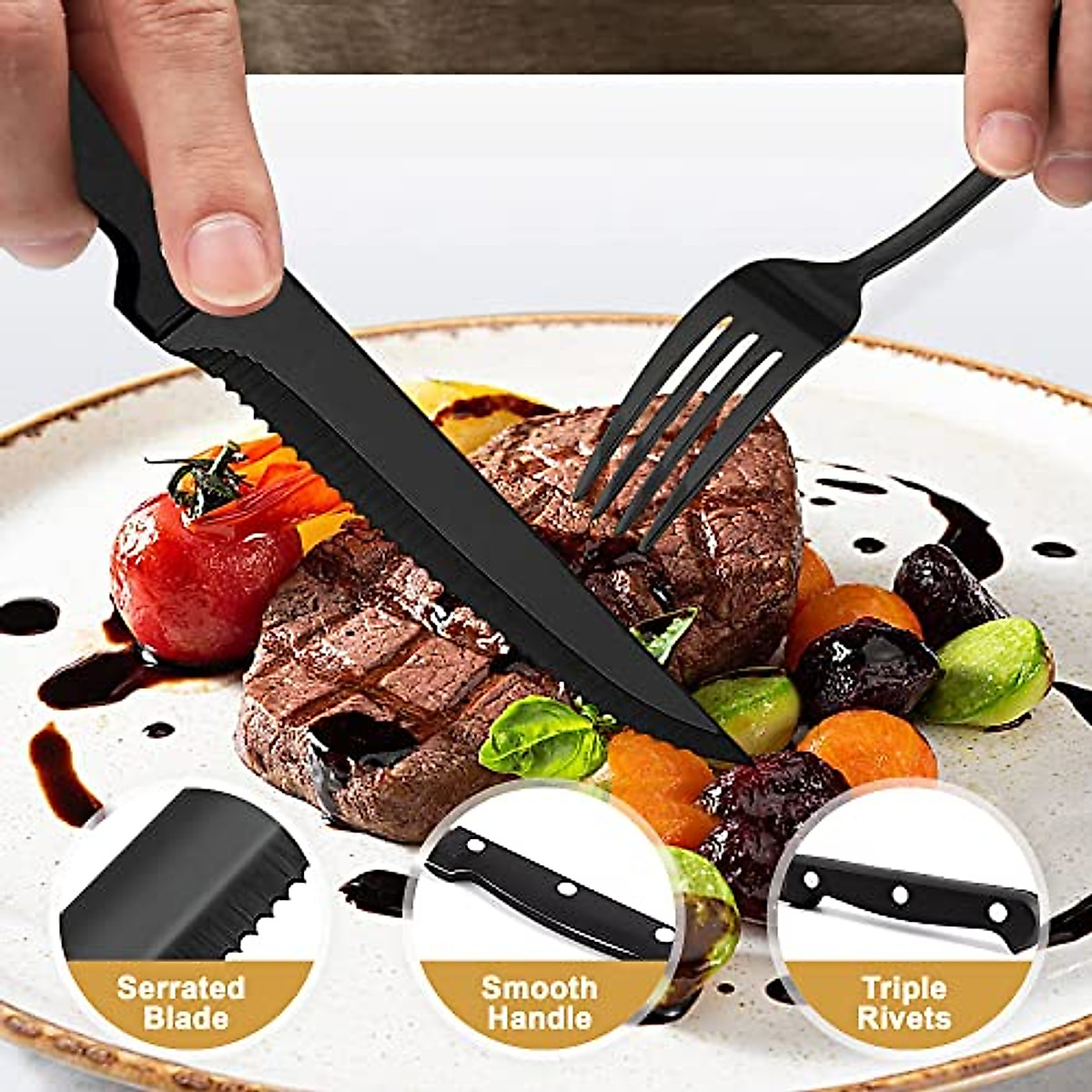 48-Piece Black Silverware Set with Steak Knives, Stainless Steel Flatware Cutlery Set for 8,Stain Finish Tableware Kitchen Utensil Set Includes Spoons Forks Knives, Dishwasher Safe