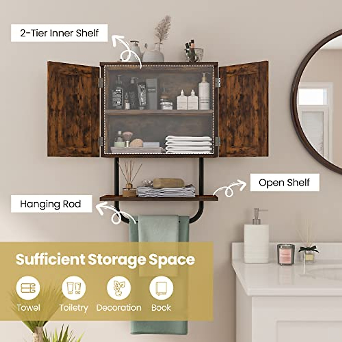 Tangkula Wall Mounted Bathroom Cabinet, 2 Doors Wooden Space Saving Medicine Cabinet with Open Shelf and Towel Bar, Multifunctional Over The Toilet Storage Organizer Kitchen Cupboard (Rustic Brown)