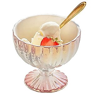 YOKIOU Ceramics Ice Cream Cups with Spoons Reusable Dessert Cups Bowls for Trifle Parfait Sundae and Nuts (Pink)