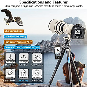 Carbon Fiber Heavy Duty Tripod ARTCISE 81'' Professional Tripod for Camera, 10-Layer Carbon Fibre Tube, 32.5mm Leg with Low Profile Tripod Ball Head for Canon Nikon Sony, DSLR SLR Digital Camcorder