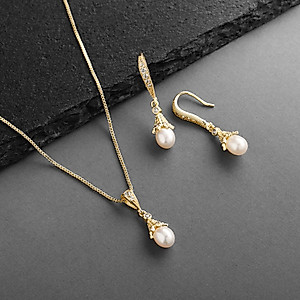 Mariell Gold Wedding Necklace & Earrings Jewelry Set with Freshwater Pearl for Bridesmaids & Brides