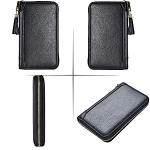 Easyoulife Credit Card Holder Wallet Womens Zipper Leather Case Purse RFID Blocking (Black)