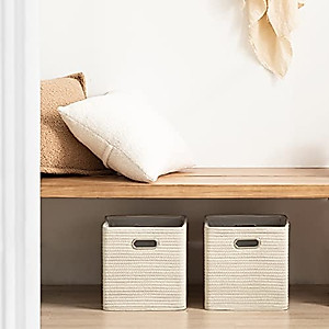 UBBCARE Set of 3 Woven Storage Baskets for Organizing, 11 in x 11 in x 11 in Cotton Rope Baskets for Shelves, Decorative Cube Storage Bins with Metal Handles for Living Room, Beige