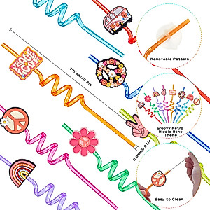 24 Pcs Hippie Boho Party Straws Two Groovy Reusable Plastic Drinking Straws with Cleaning Brush Peace Love 60's Rainbow Flower Birthday Supplies