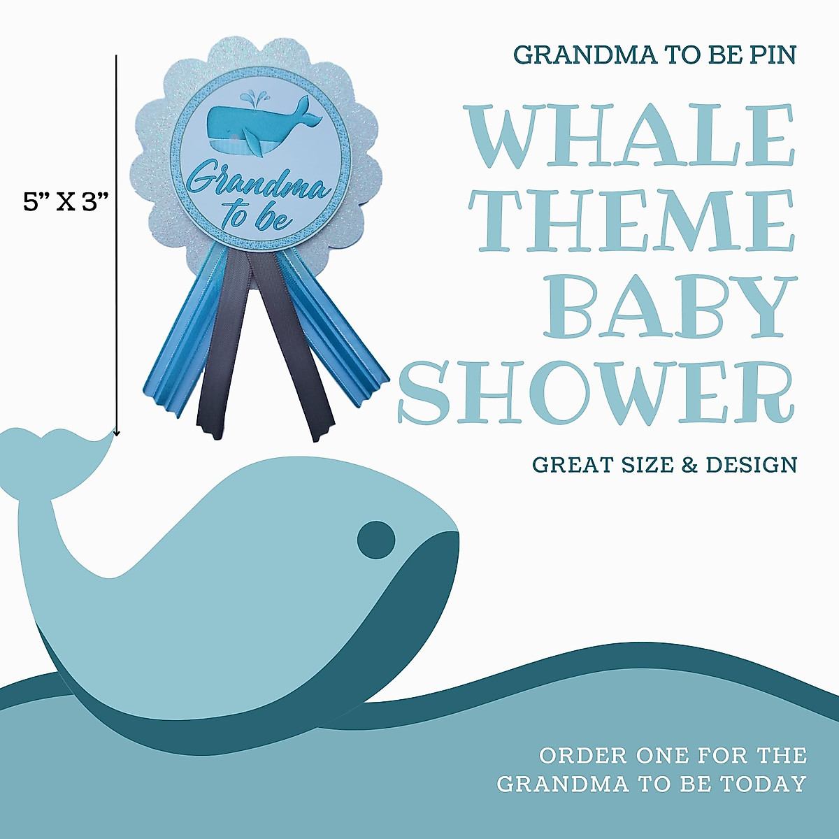 Grandma to Be Pin Whale Baby Shower Under the Sea It's a Boy for Nona to wear, Blue & White Sprinkle