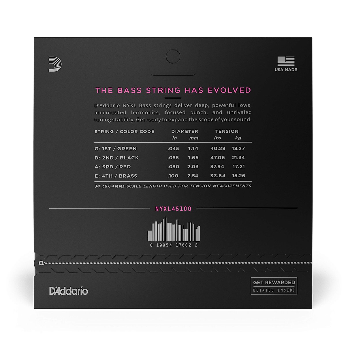 D'Addario Bass Guitar Strings - NYXL Bass Strings - NYXL45100 - Unrivaled Strength, Tuning Stability, Enhanced Response - For 4 String Bass Guitars - 45-100 Regular Light, Long Scale