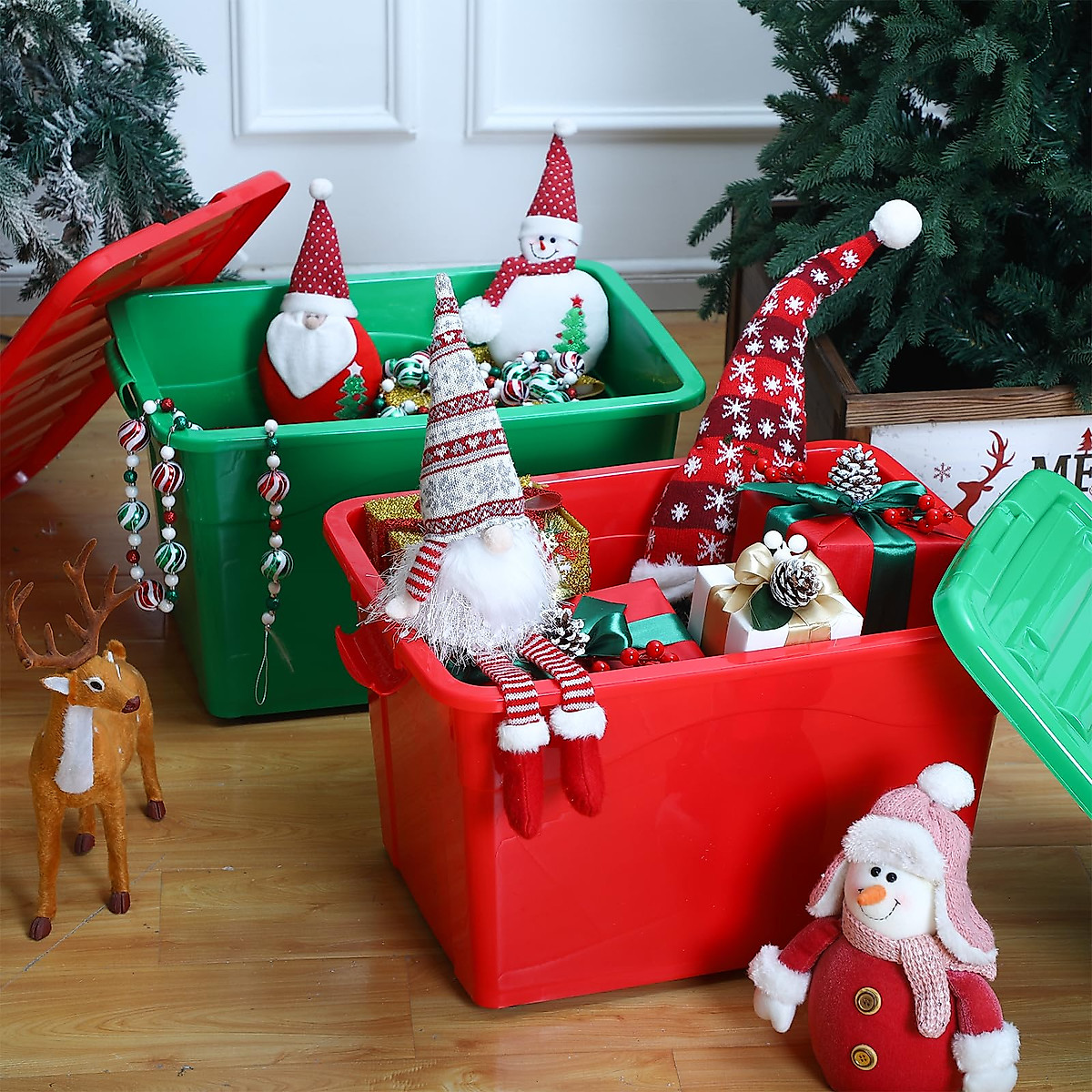 Sweetude 8 Pcs Christmas Storage Bins with Lids Red Green Storage Containers Plastic Box 72 Qt Large Stackable Nestable Storage Box with Wheels and Latching Handles