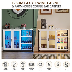 LVSOMT LED Farmhouse Coffee Bar Cabinet, Wine Cabinets with Removable Wine Rack, Buffet Cabinet with Motion Sensor for Kitchen, Dining Room (Pure White-43.3''L)