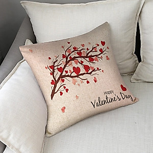 Happy Valentine's Day Throw Pillow Covers 18×18 Pillowcases Set of 2 Love Heart Branch Linen Decorative Square Pillow Case Cushion Covers Standard Size for Sofa Couch Outdoor Bed Pillow Protectors