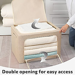 3 Pack Clothes Storage Bins - Foldable Metal Frame Storage Box - Stackable Linen Fabric Organizer Set with Carrying Handles and Clear Window (Beige, 15.7x11.8x11.8inch(36L))