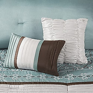 Madison Park Essentials Jelena Room in A Bag Faux Silk Comforter Classic Luxe All Season Down Alternative Bedding, Matching Bedskirt, Curtains, Decorative Pillows, Queen(90"x90"), Seafoam 24 Piece