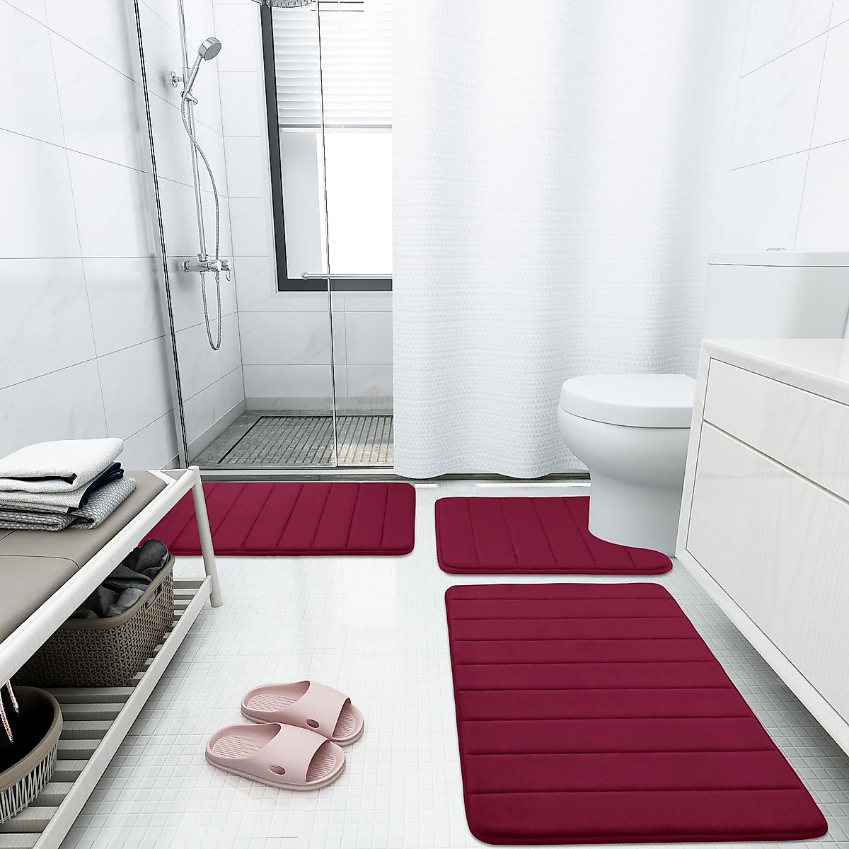 Buganda Memory Foam 3 Pieces Bathroom Rugs Set - Thick Soft Absorbent Non-Slip Bath Mats, Washable Small/Large/Contour Bath Rugs (24" x 16" + 30" x 20" + 24" x 20", Wine Red)