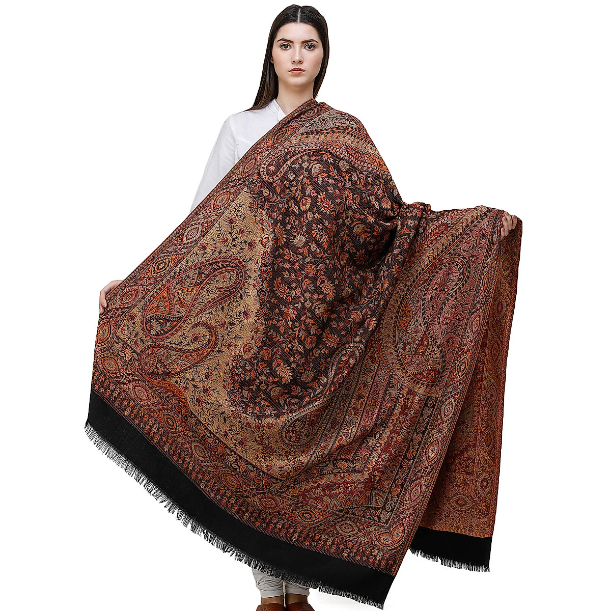 Exotic India Reversible Jamawar Shawl with Woven Paisleys - Color Caviar Black