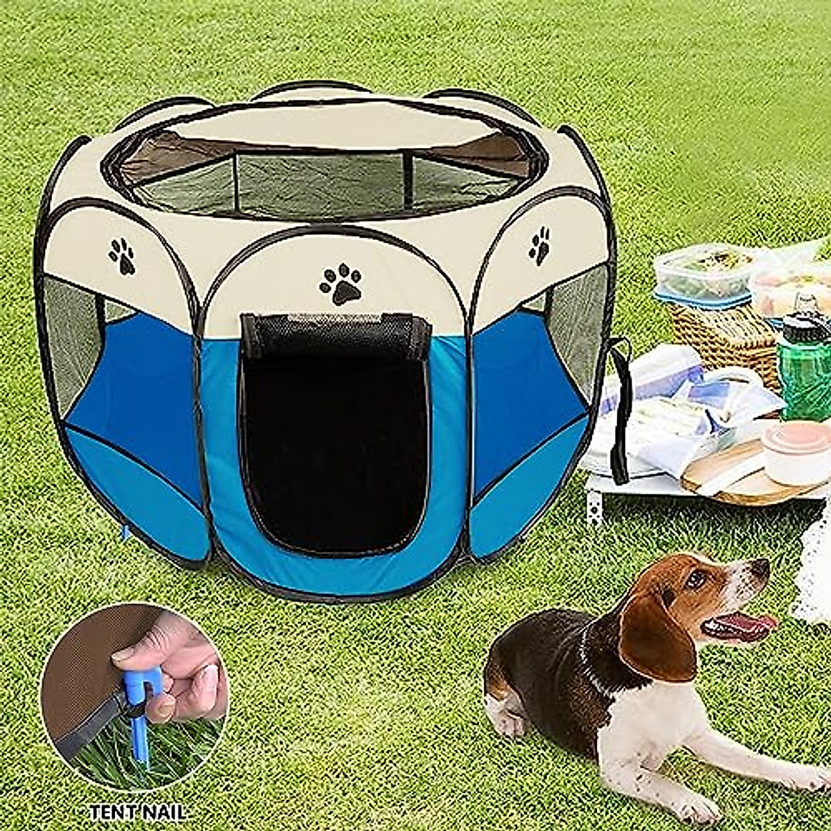 C&AHOME Dog Playpen Portable Foldable Pet Playpen with Free Carrying Case Free Travel Bowl and Free Lawn Pin, Dog Playpen Indoor Outdoor Travel Camping Use (Medium, Blue) UFPPOPFML