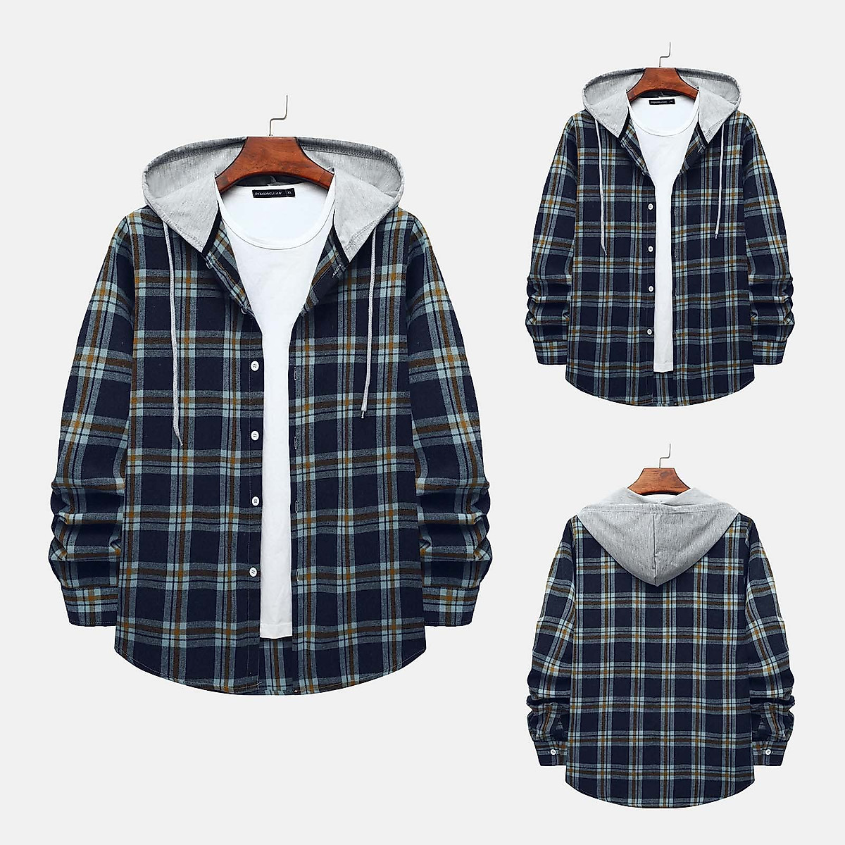 Aymnlox Hoodies for Men Fashion Long Sleeve Plaid Button Shirts Jacket With Hood Casual Stylish Drawstring Sweatshirts Coat men designer hoodies Blue M