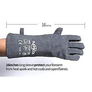 RAPICCA Fireplace Gloves Fire Heat Resistant: Grey 16IN - Fireproof Leather for Fireplace Fire pit Wood stove Campfire Furnace BBQ Grill Stick Mig Welding Welder Gear - one size 662℉