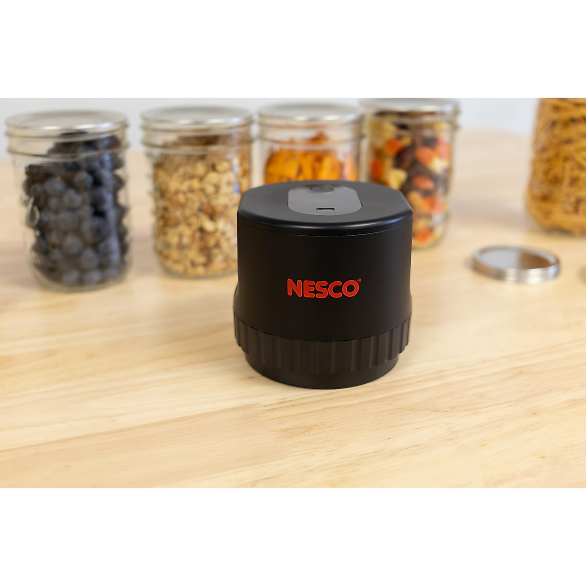 Nesco Electric Mason Jar Vacuum Sealer Kit, Type-C charging, fits wide and regular mouth jars, comes with 5 regular and 5 wide lids, bottle opener, and charging cable