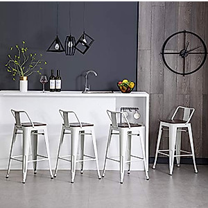 HAOBO Home Modern Industrial Metal Bar Stool Counter Height Stools [Set of 4] Stackable Dining Chair (24", Low Back White Wooden Seat)